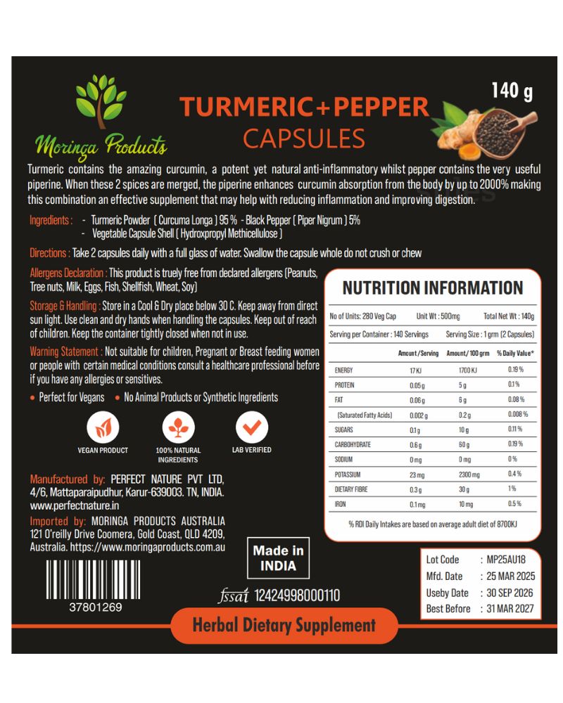 Turmeric & Pepper Capsules 140g - The Moringa Shop